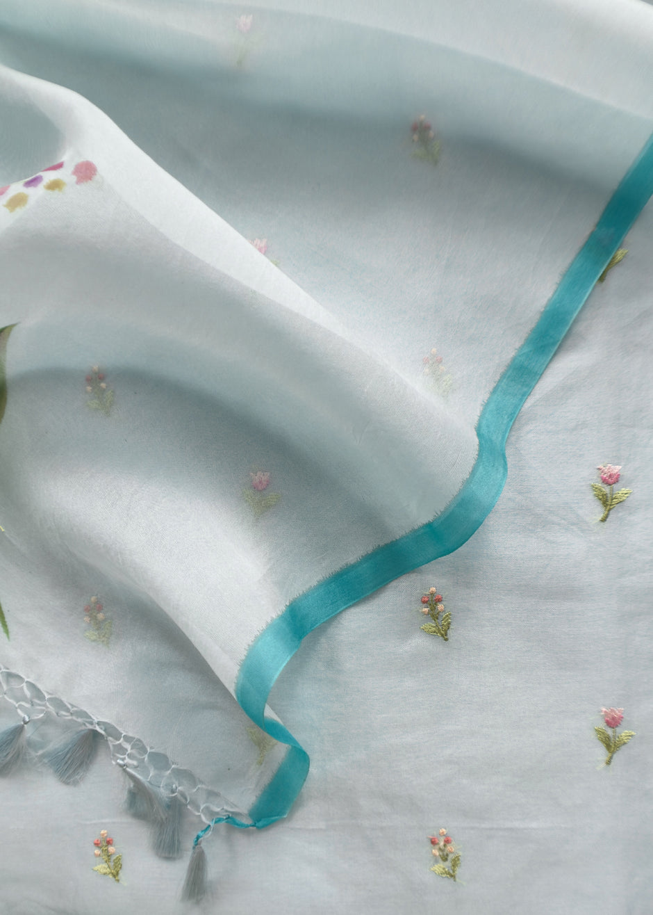 Blue Pure Organza Unstitched Suit In Resham Embroidery