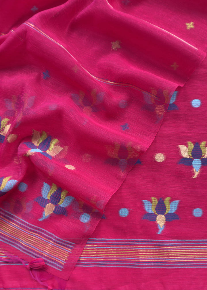 Pink Floral Jamdani Weaved Unstitched Suit In Chanderi