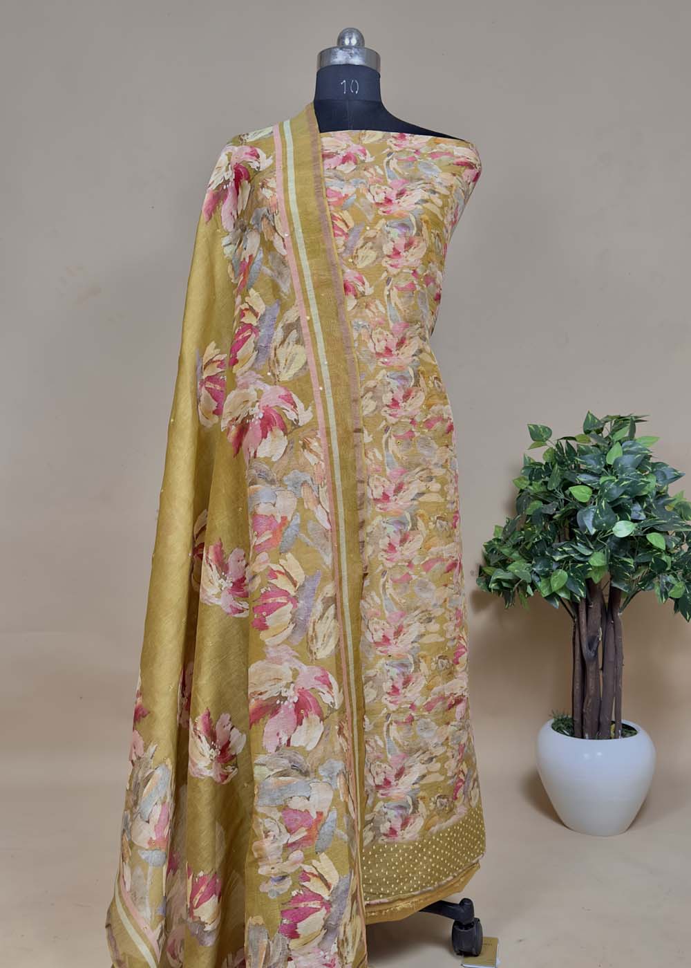 Golden Yellow Handloom Linen Silk Suit With Digital Print