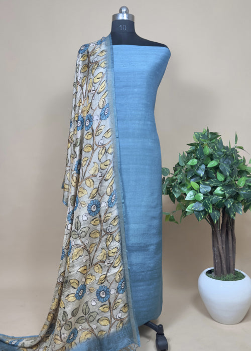 Turquoise Blue Handloom Raw Silk Suit With kalamkari Dupatta