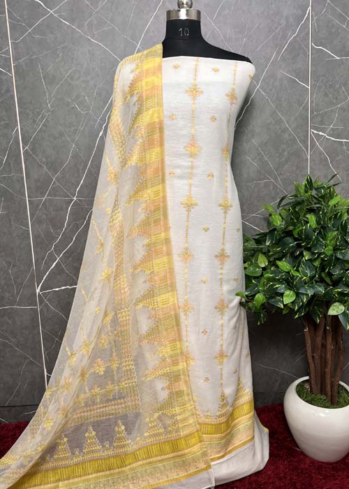 White And Yellow Cotton Silk Suit With Zari Weaving